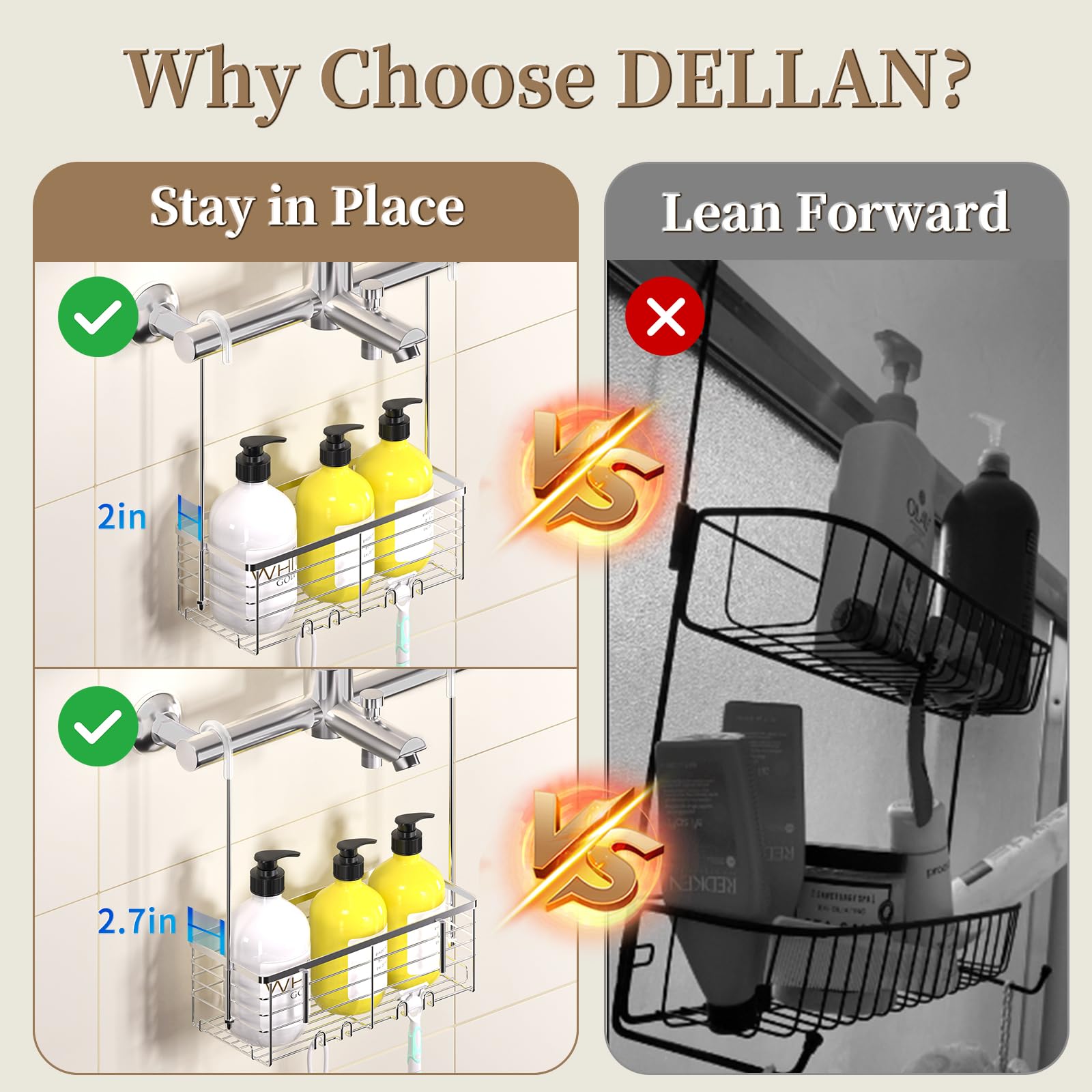 DELLAN Hanging Shower Organizer, Shower Rack with Hooks Over the Door, Bathroom Shower Caddy and Basket