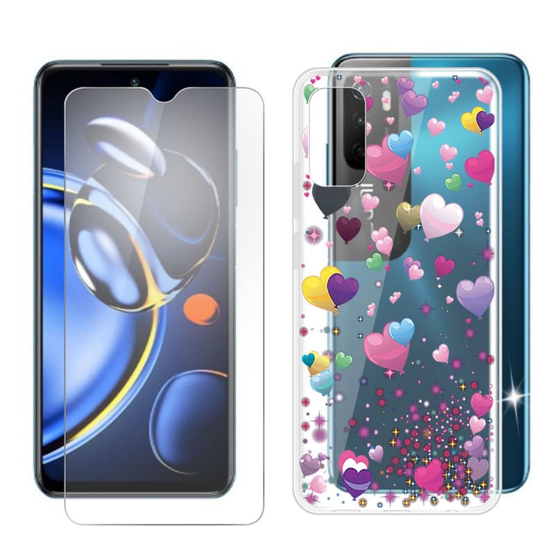 Ikiiqii Cover for Redmi Note 11SE (6.50") case Shell Soft Silicone TPU Transparent Protective Cases + 9H Hardness HD Tempered Glass Screen Protector Film Protection -Romantic Balloon