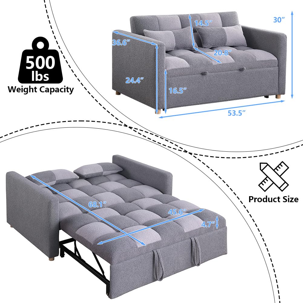 DULATIS Loveseat Sleeper Sofa - Convertible Sofa Bed,Teddy Velvet Pull-Out Bed with Adjustable Backrest,Multi-Functional Lounge Chair for Living Room,Small Space(Dark & Light Grey)