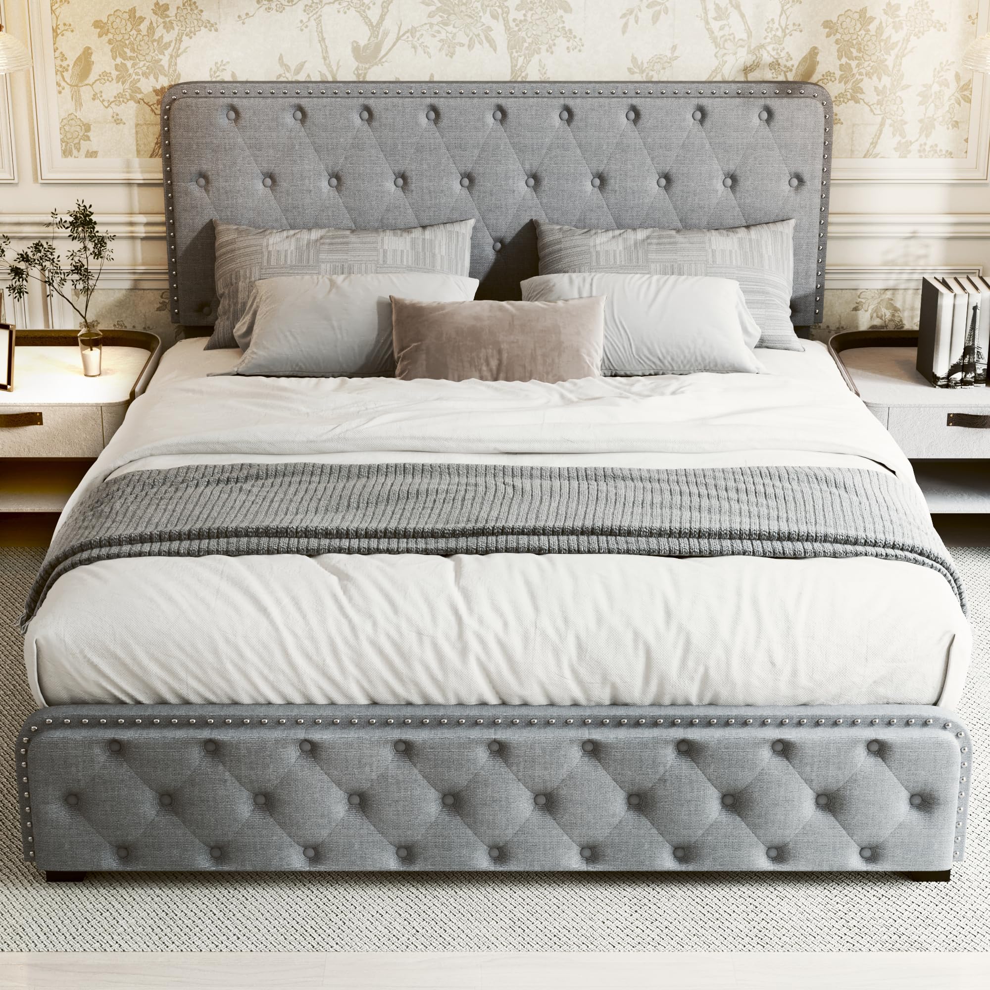 Fluest Queen Bed Frame with Headboard Storage Drawers of 4 Upholstered Bed Frame Platform Adjustable Headboard Metal Slats Support/No Box Spring Needed/Easy Assembly/Mattress Foundation, Dark Gray