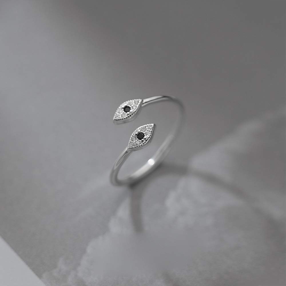 Black Evil Eyes Thin Line Sterling Silver Asymmetric Small Wrap Open Rings for Women Adjustable CZ Engagement Promise Statement Dainty Crystal Knuckle Finger Rings Her Sister