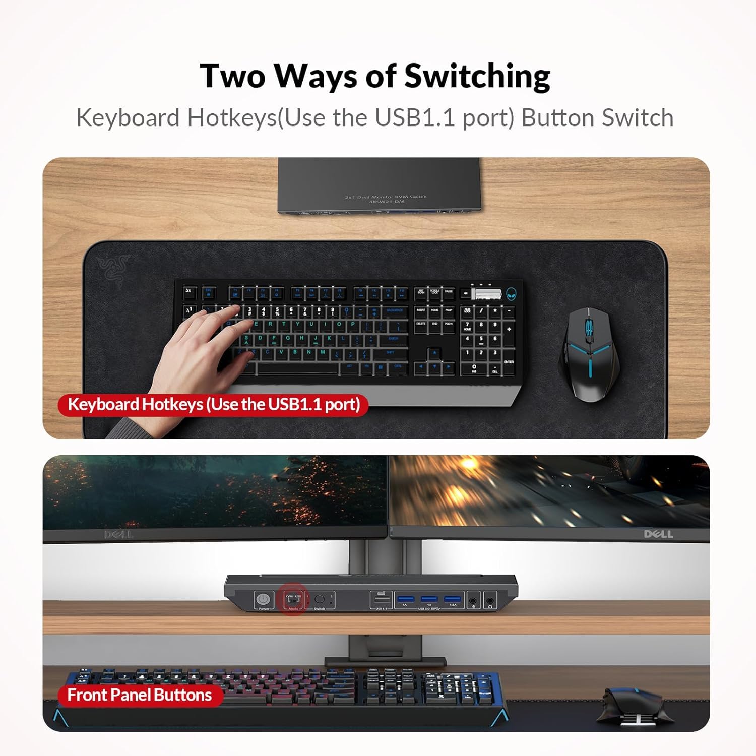 AV Access KVM Switch 2 Monitors 2 Computers, with USB 3.0 Hub – Control 2 PCs in Dual Monitors 4K@60Hz in Extended or Mirror Mode, HDMI Input, Fast Switching via Front Button or Keyboard Hotkey