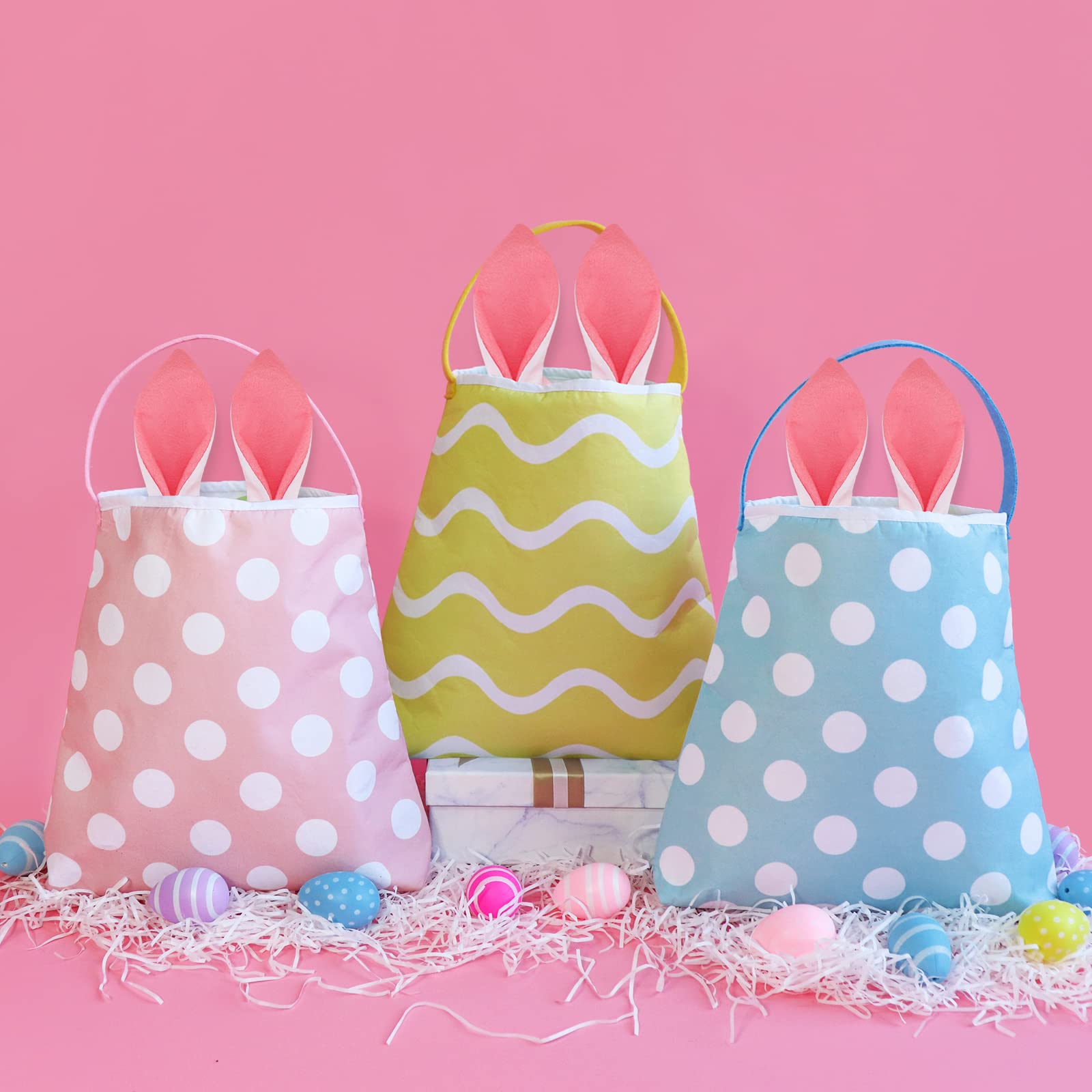 Ivenf Easter Tote Bags with Bunny Ears 3ct, Pink Blue Yellow Easter Gift Bags for Hunt Games Eggs, Kids School Home Party Supplies Decorations