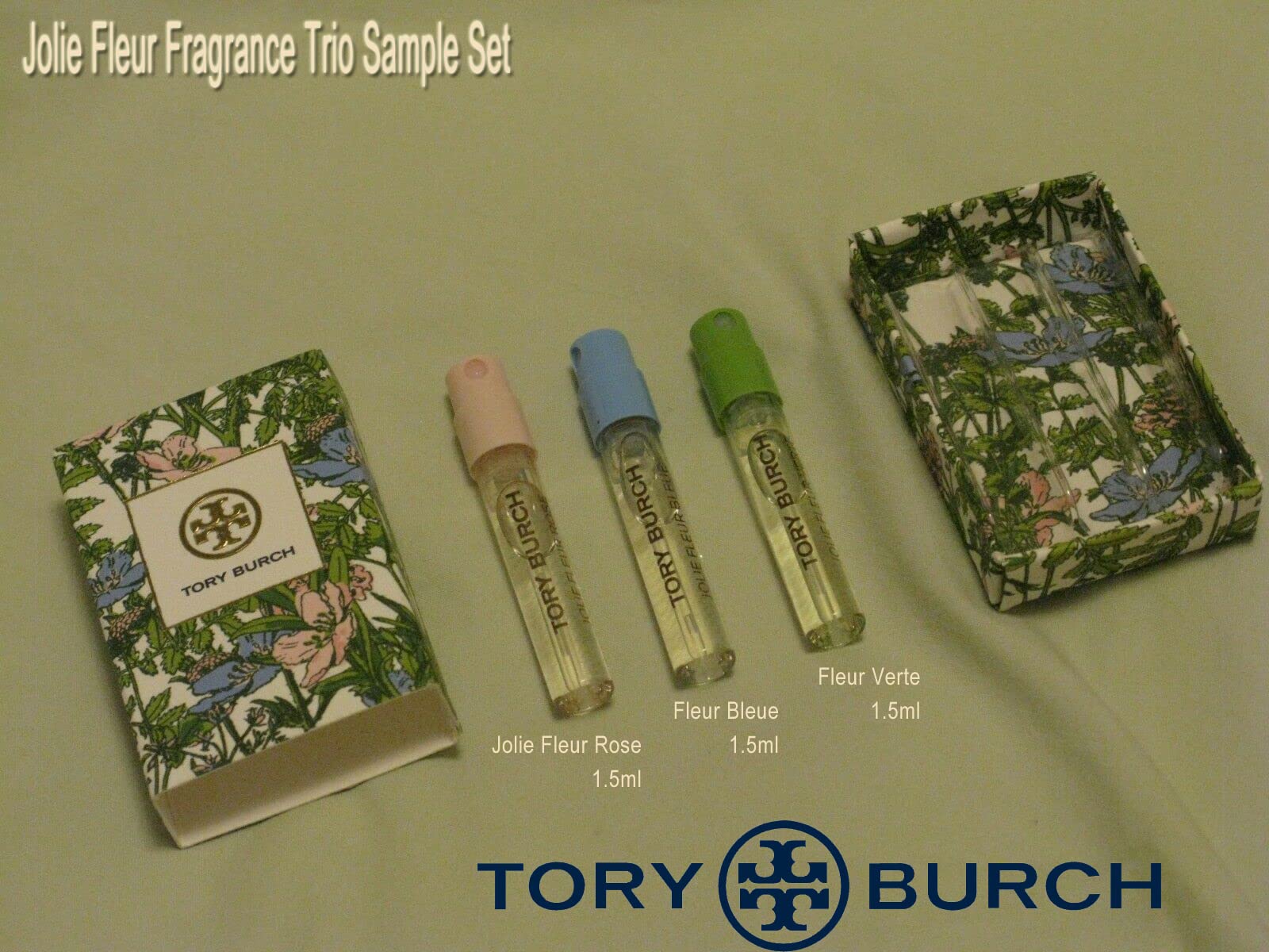 Tory Burch Set of 3 Eau de Parfum Sample Sprays: Jolie Fleur Rose, Fleur Bleue, and Fleur Verte - .05 oz each