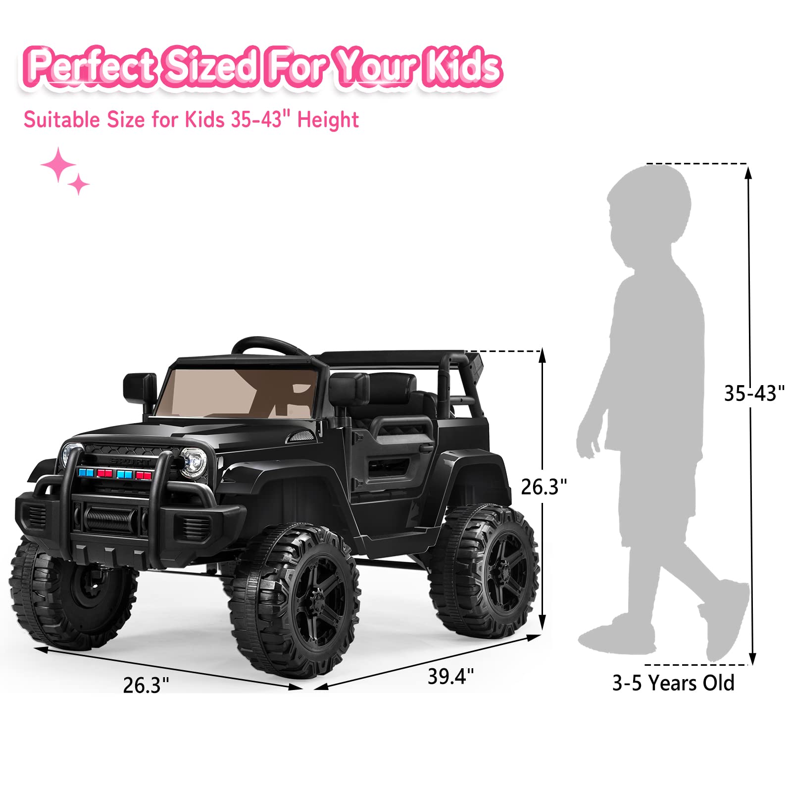 JOYMOR Ride on Truck with Remote Control, 4 Wheels 12V Battery Powered Kids Car, with LED Headlight/Horn Button/ MP3 Player/USB Port/Forward Backward/Kids Girl Boy (Black)