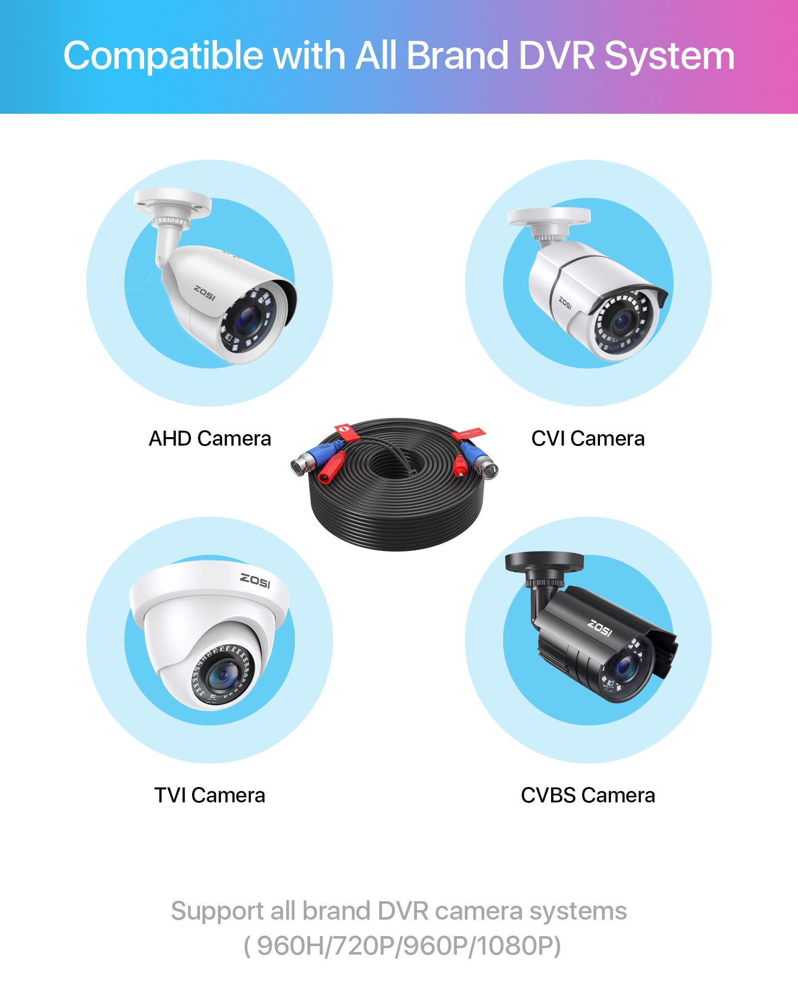 ZOSI 1 Pack 100ft (30 Meters) 2-in-1 Video Power Cable, BNC Extension Surveillance Camera Cables for Video Security Systems (Included 1X BNC Connectors and 1X RCA Adapters)