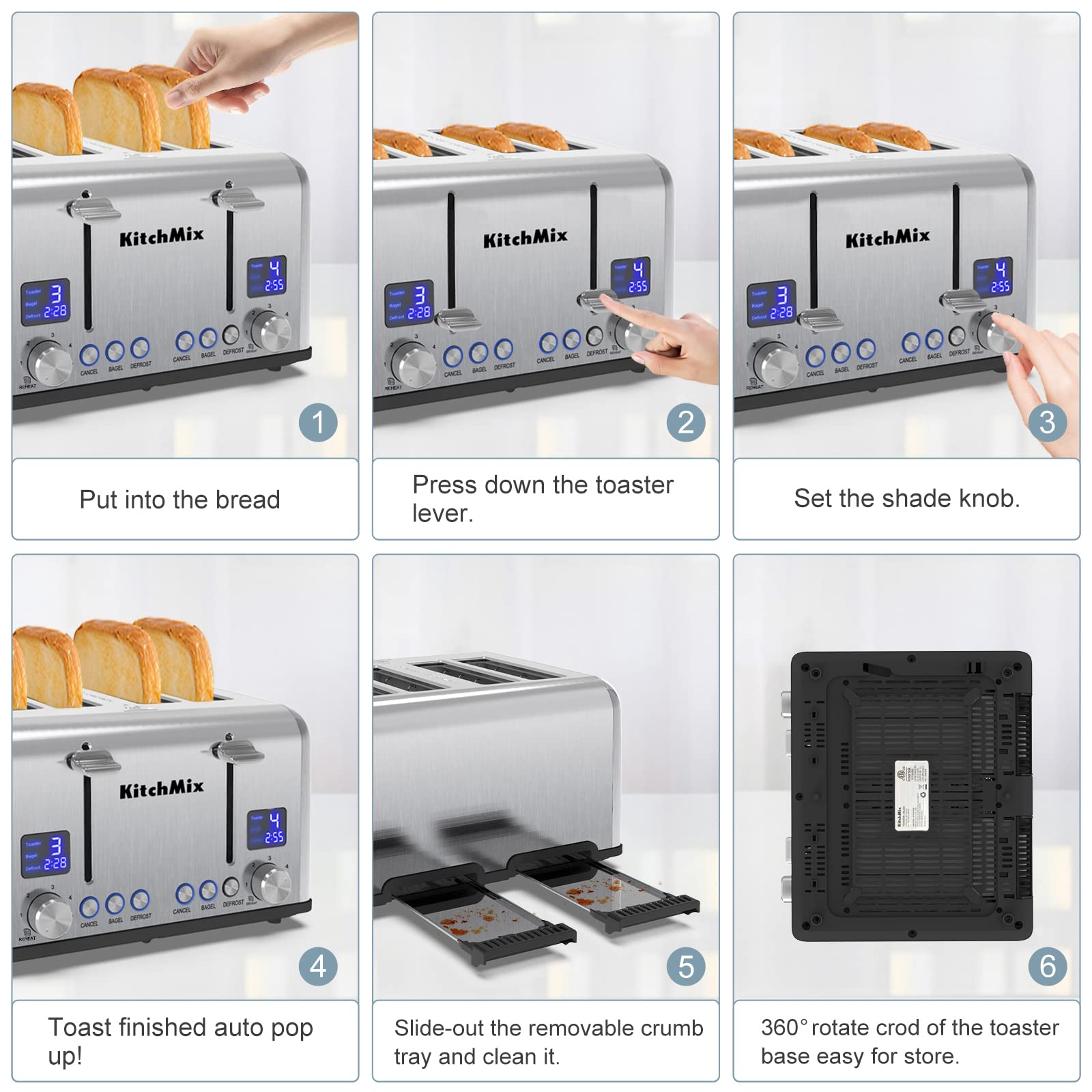 Toaster 4 Slice, KitchMix Bagel Stainless Toaster with LCD Timer, Extra Wide Slots, Dual Screen, Removal Crumb Tray (Stinless steel)