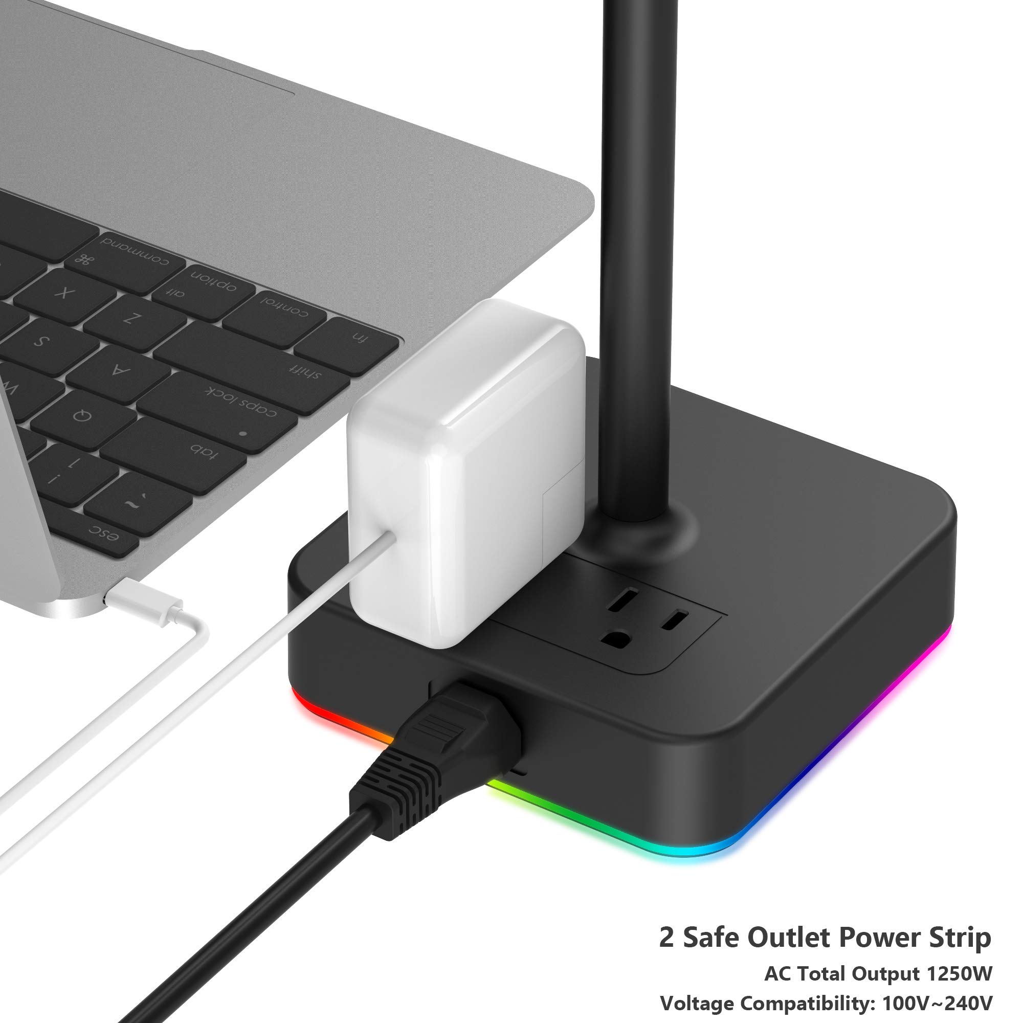KAFRI RGB Headphone Stand with USB Charger Desk Gaming Headset Holder Hanger Rack with 2 USB Charging Ports and 2 Outlet - Suitable for Gamer Desktop Table Game Earphone Accessories Boyfriend Gift