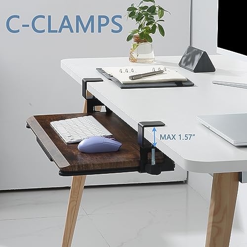 ETHU Keyboard Tray, 26.77" X 11.81" Large Size Keyboard Tray Under Desk with C Clamp-on Mount Easy to Install, Computer Keyboard Stand, Ergonomic Keyboard Tray for Home and Office (Walnut)