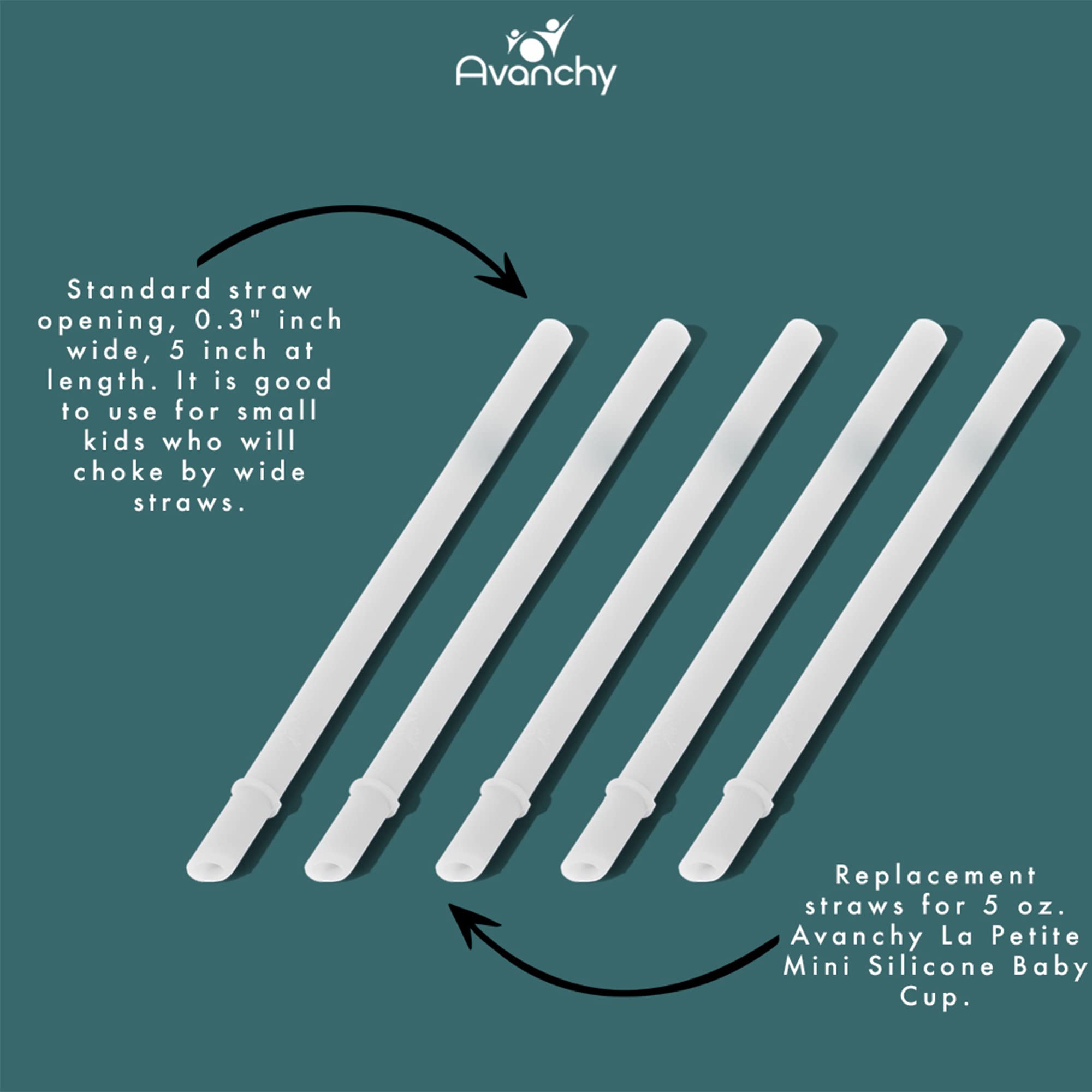 Avanchy Reusable Silicone Straws for Toddlers & Kids - 5 pcs Flexible Short Drink 5" Straws, BPA free, Baby Cup-Flexible Safe Fun Cute Thin for Chewing with Bendable Brush (White)