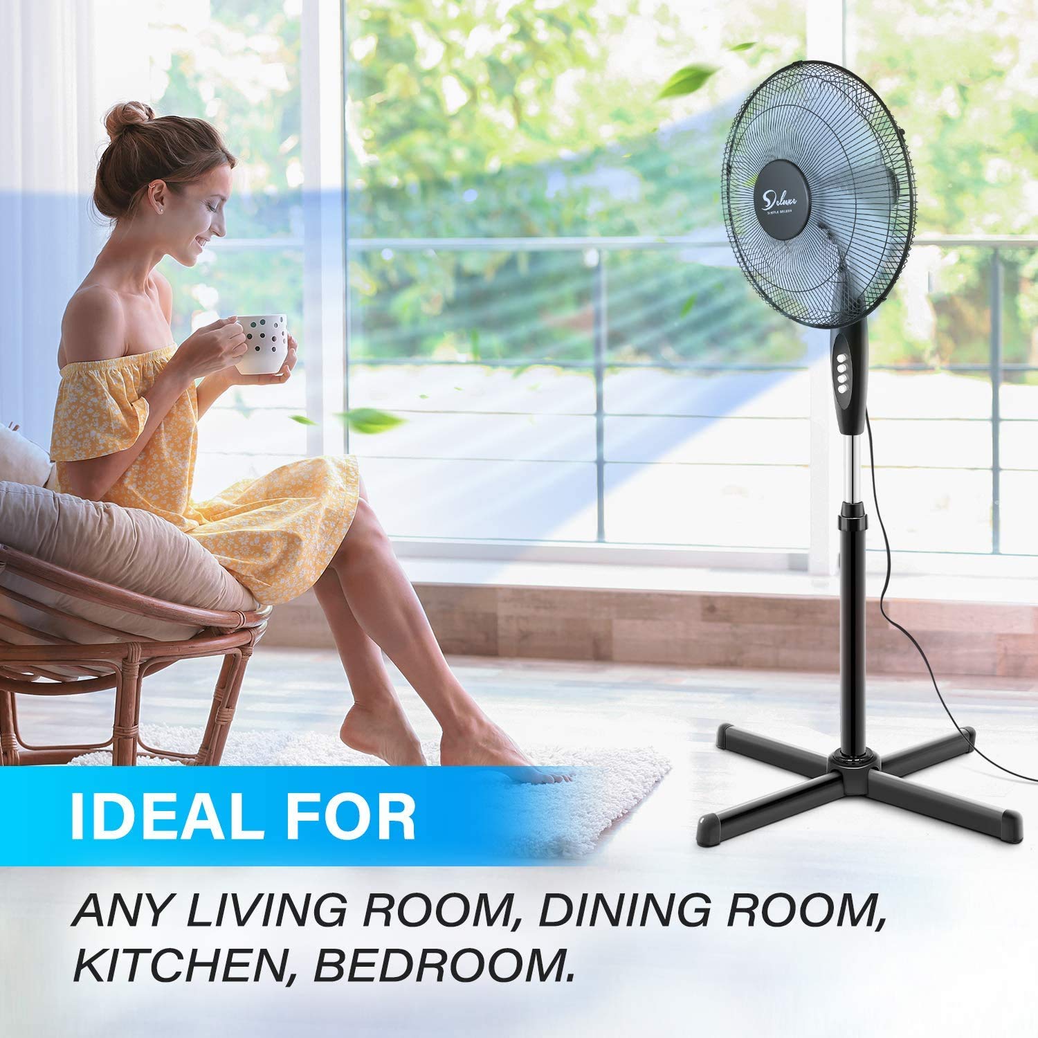 HealSmart Oscillating 16″ 3 Adjustable Speed Pedestal Stand Fan for Indoor, Bedroom, Living Room, Home Office & College Dorm Use, 16 Inch, Black