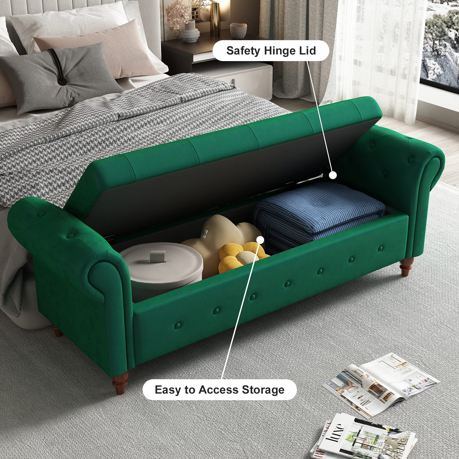 ayoodfo Storage Bench for Bedroom End of Bed, 63" Button Tufted Ottoman Bench, Rolled Armed Couch Long Bench Upholstered Window Bench for Bedroom, Living Room, Entryway, Dark Green