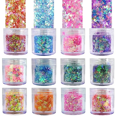 LoveOurHome 12 Colors Aurora Nail Glitter Flakes Iridescent Stars Heart Butterfly Flower Shaped Sequins Confetti Resin Accessories Sticker Acrylic Powder Decor for Nails, Crafts, Resin, Makeup