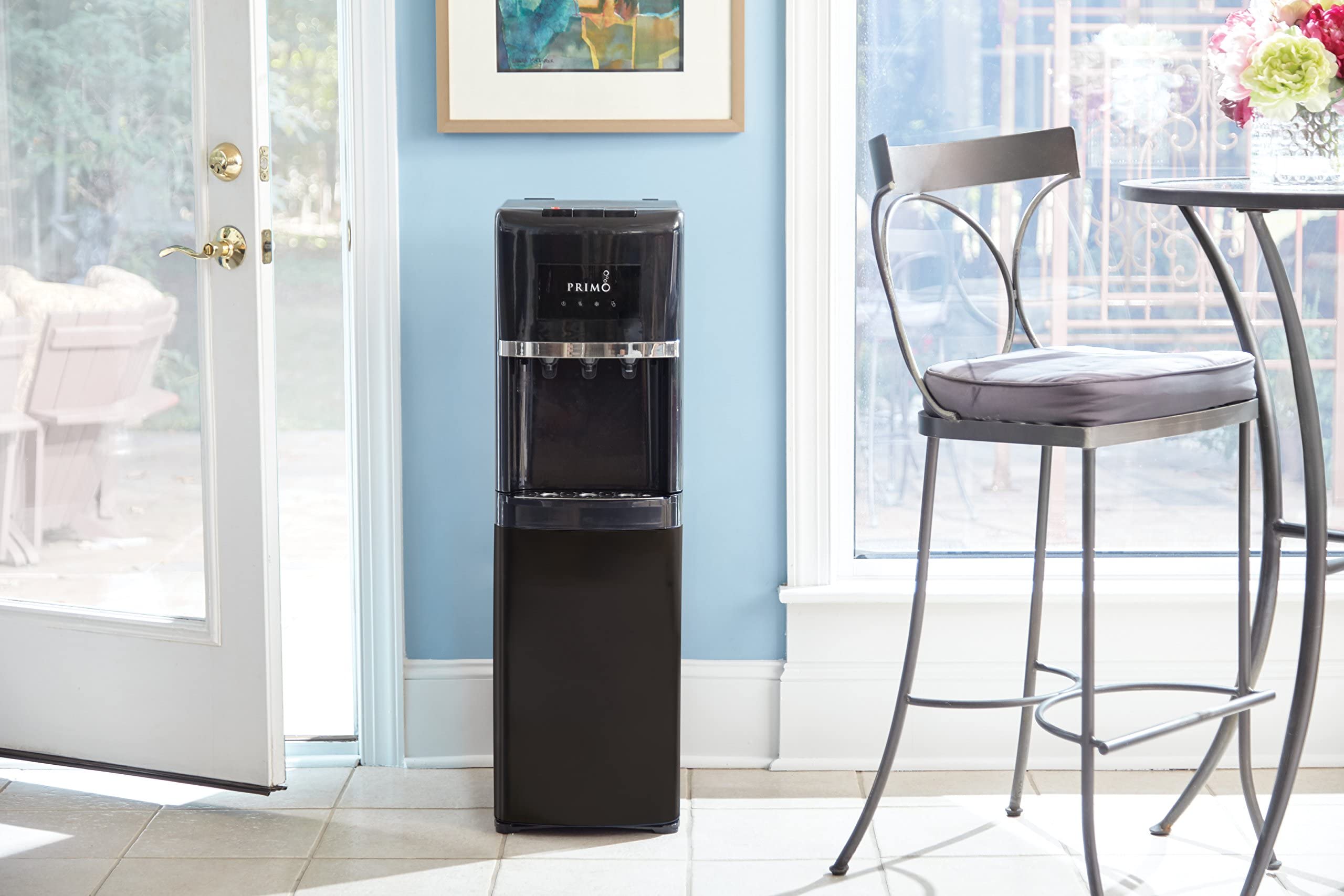 Primo Bottom Loading Water Dispenser, 3 Temp (Hot-Cool-Cold) Water Dispenser for 5 Gallon Bottle w/Child-Resistant Safety Feature, Black with Black Stainless Door