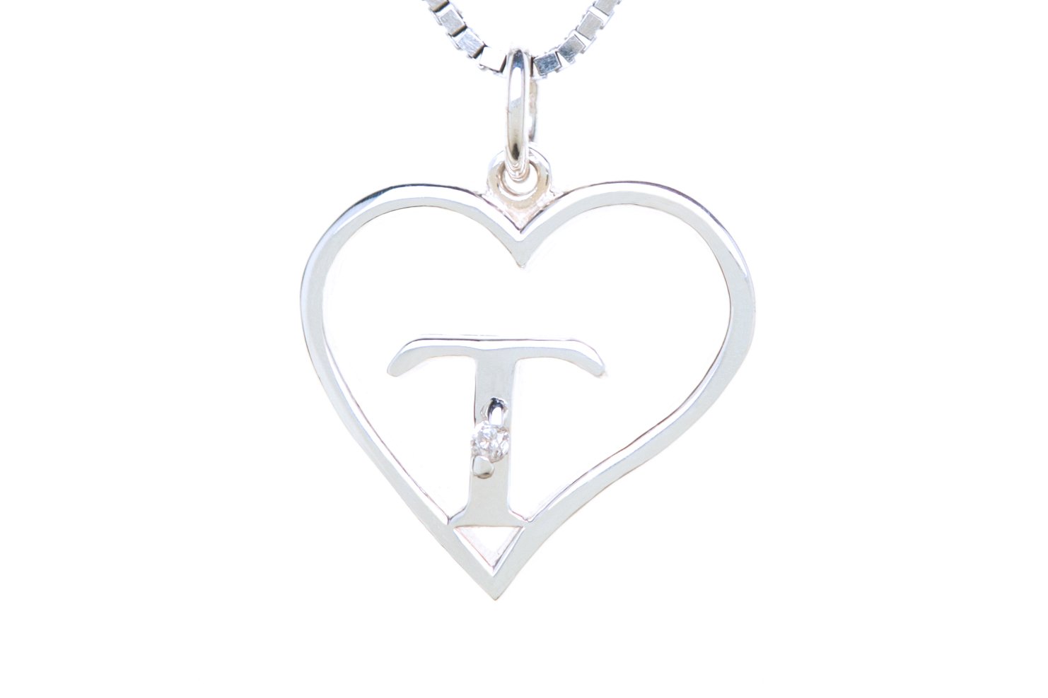 Arbach’s Icy Jewelry - Sterling Silver Box Chain Personalized Diamond Pendant Statement Necklace - Heart & Letter T