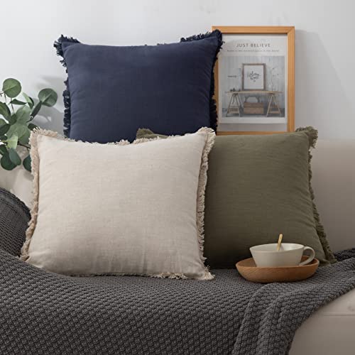 Linen Fringed Throw Pillow Cover - Soft Cozy Boho Cushion Covers with Tassel for Couch Sofa Farmhouse Natural Decor Burlap Pillowcase, Green 18x18 Inches