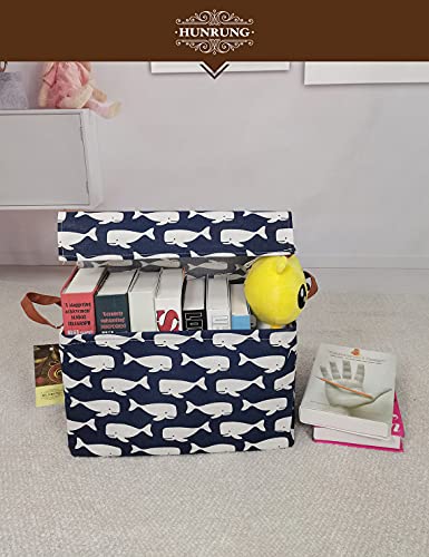 HUNRUNG Storage Boxes with Lids Rectangle/Square Storage Bins,Storage Basket Cute Canvas Organizer Bin for Pet/Children Toys, Books, Clothes Perfect for Rooms(Rec-Blue Whale-with lid)