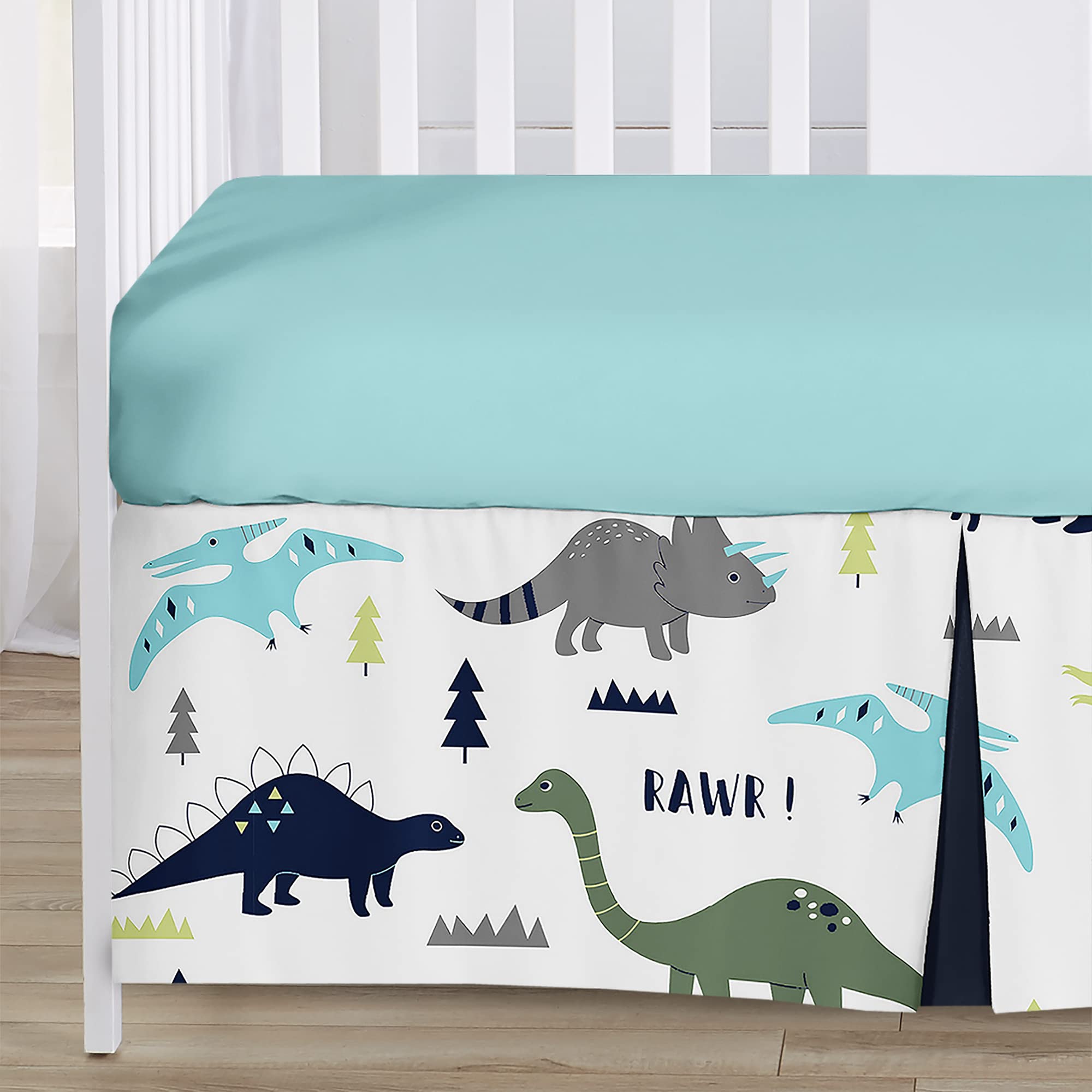 Sweet Jojo Designs Navy Blue and Green Modern Dinosaur Baby Boys or Girls 4 Piece Crib Bedding Set for Mod Dino Collection