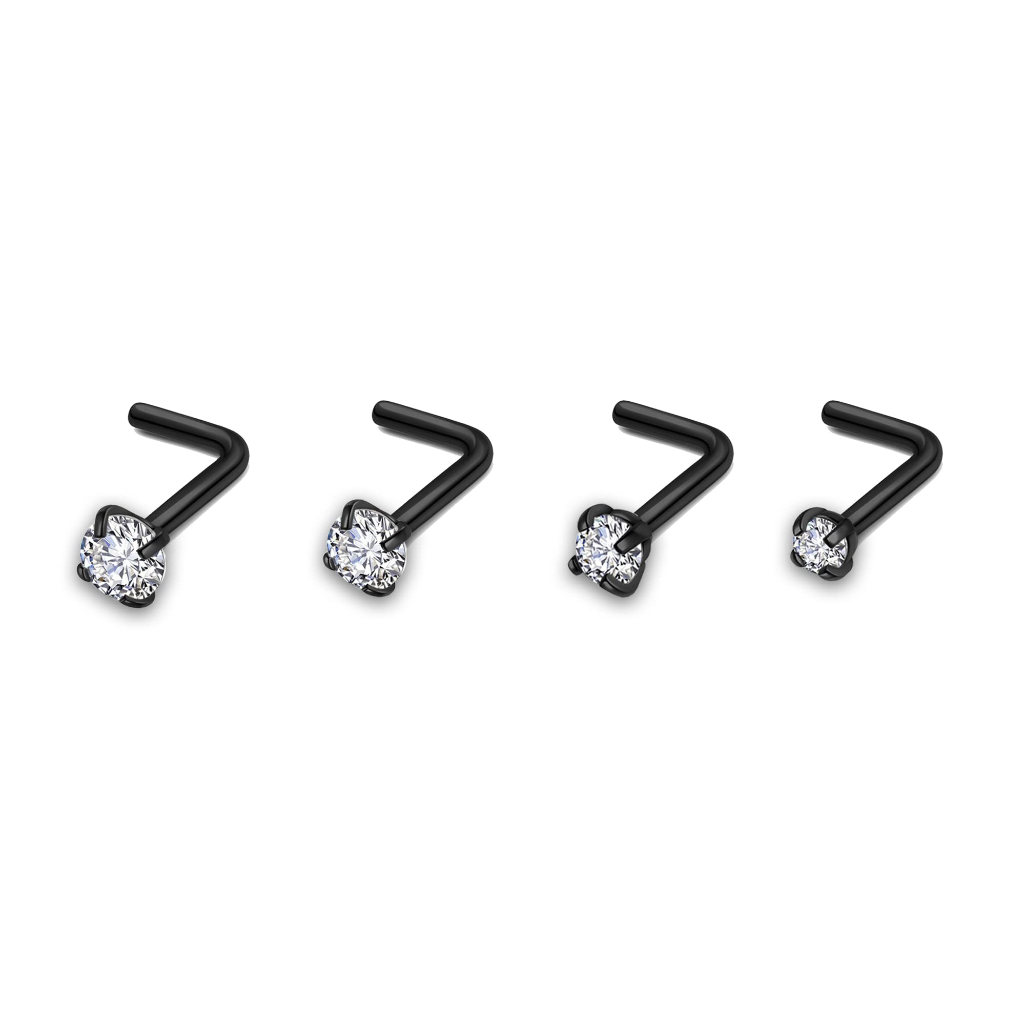 AllerPierce 20G 20Pcs Nose Studs Rings Stainless Steel CZ Black L Shape Stud Nose Piercing Jewelry for Women Men Hypoallergenic Nose Pin 1.5mm 2mm 2.5mm 3mm