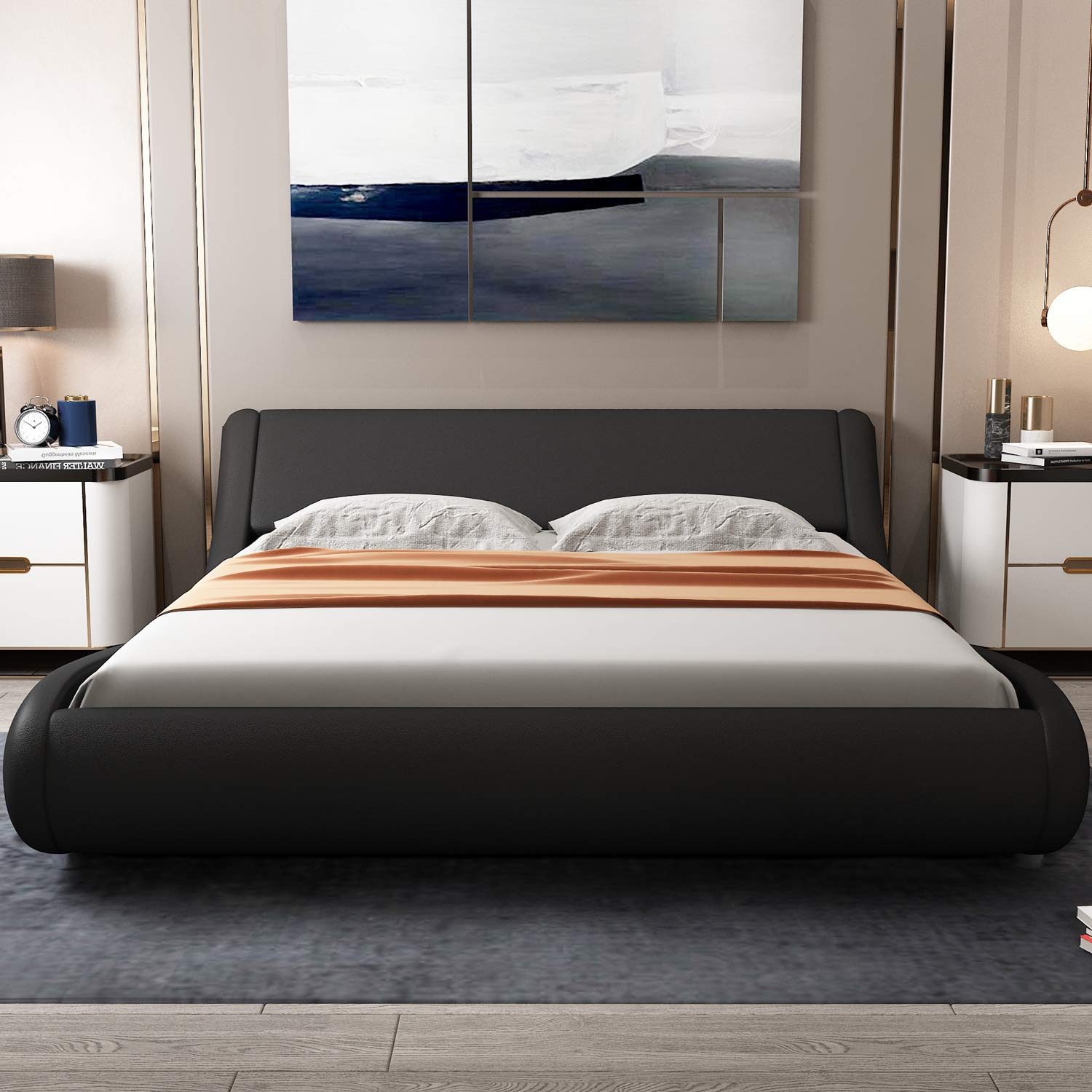 Allewie Queen Size Bed Frame with Curved Adjustable Headboard, Faux Leather Upholstered Platform Bed, Strong Wooden Slats Support, 10-12'' Mattress Recommended, Black