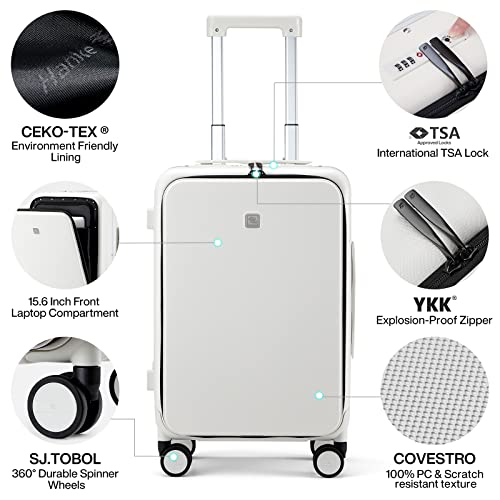 Hanke 20 Inch Carry On Luggage with Front Pocket Aluminum Frame (Can Not Open in The Middle) Hard Shell Suitcases with Wheels Rolling Luggage Suitcase with Lock Travel Luggage for Weekender-Smoke White