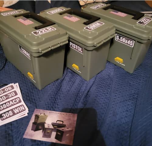 Aolamegs Ammo Can Vinyl Sticker Set Decal Label for Cans Cases Boxes .22 .223 .308 9MM .380 .45 5.56 7.62 12GA 300BLK (Choose Your Version)Black (80 Pack/16 Varieties (3 PCS USA FLAG STICKERS))