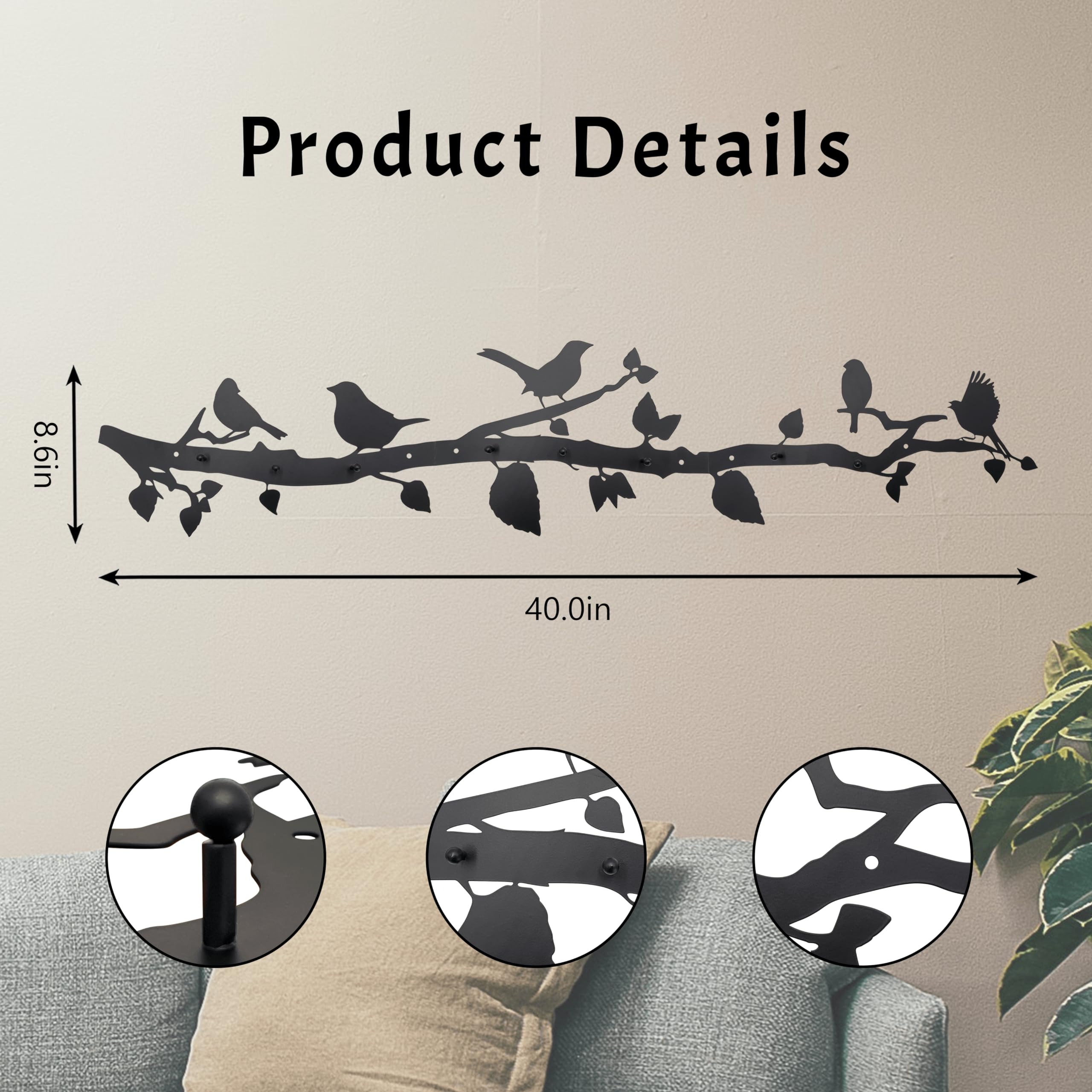 Bird Tree Branch Wall Decor, Bird Wall Art Wall Mounted Coat Rack - an Artistic Blend of Function and Design40 x 8.6",8 Hooks.