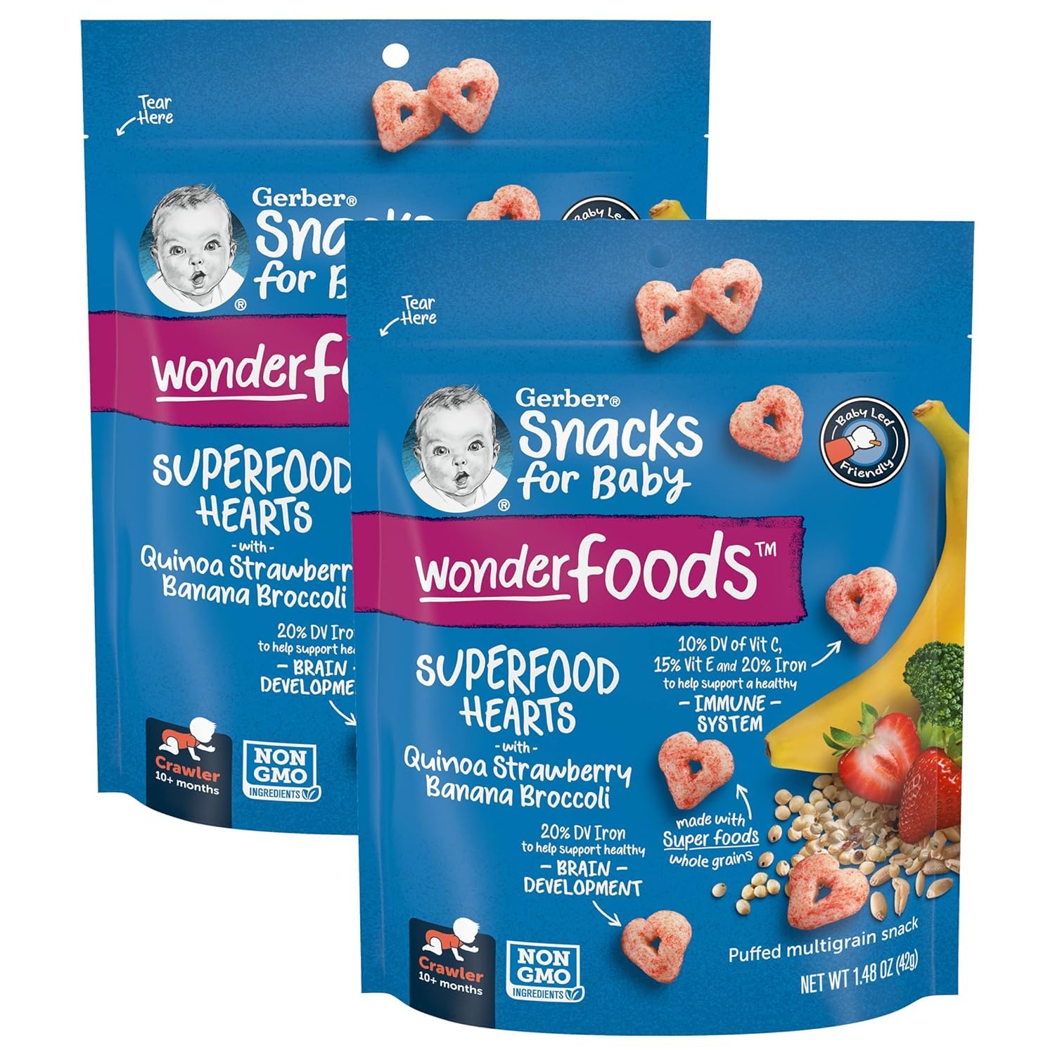 Gerber Snacks for Baby Wonder Foods SuperFood Hearts with Quinoa Strawberry Banana Broccoli, Puffed Multigrain Snack, Non-GMO Ingredients, Resealable Pouch 1.48 Ounce(Pack of 2)