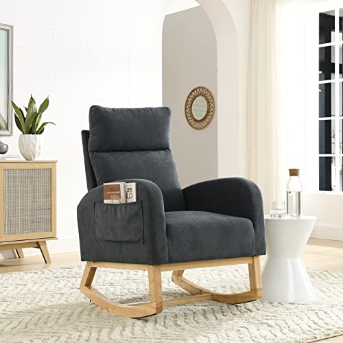 Modern Accent High Back Living Room Lounge Arm Rocking Chair, Upholstered Glider Rocking Chair For Baby And Kids, Comfortable Armchair With Side Pockets For Baby Room/Living Room/Bedroom (Black)
