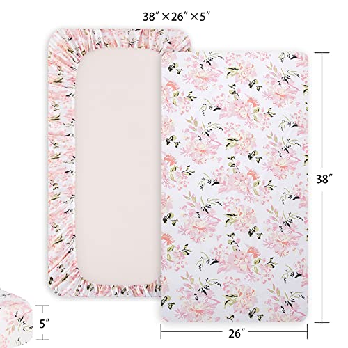 Pack N Play Sheets, 2 Pack Mini Crib Sheets Fits Standard Size 38" X 26" Playard Mattress, Soft and Stretchy, Playard Fitted Sheet, Pink Floral & Solid Pink