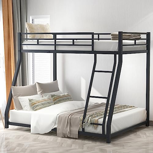 HAUSHECK Bunk Bed Twin Over Full Size, Heavy Duty Metal Bunk Beds with Ladder and Safety Guardrail, Floor Bed Frame for 2 or 3 Kids, Teens & Adults, No Box Spring Needed, Noise Free, Space Saving