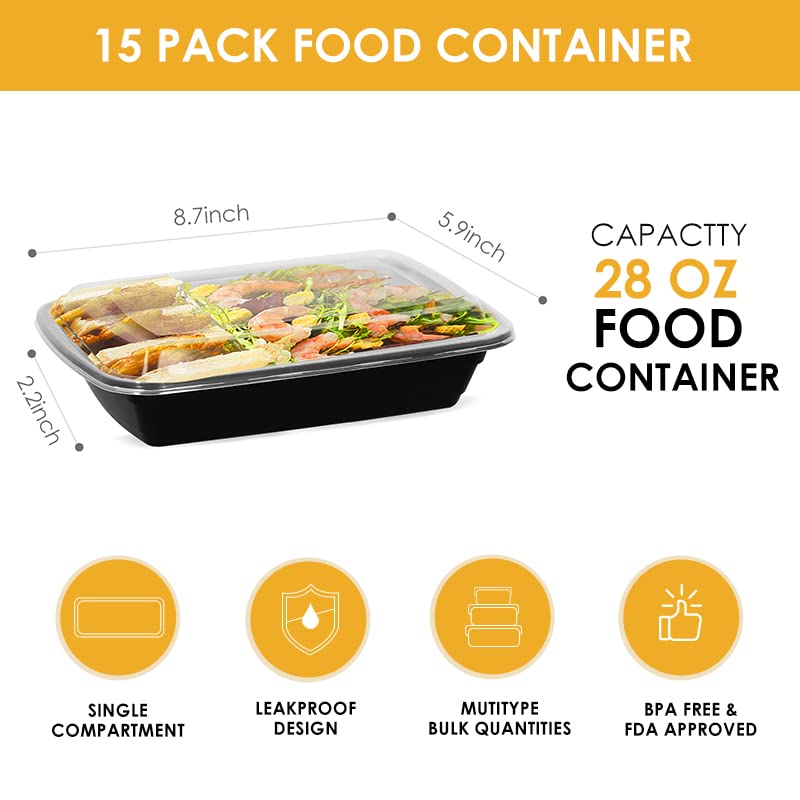 Meal Prep Containers, 28oz 15 Pack Extra-thick Food Storage Containers with Lids, Reusable Plastic Bento Lunch Box, Disposable Bento Box, BPA Free, Stackable, Microwave/Dishwasher/Freezer Safe…