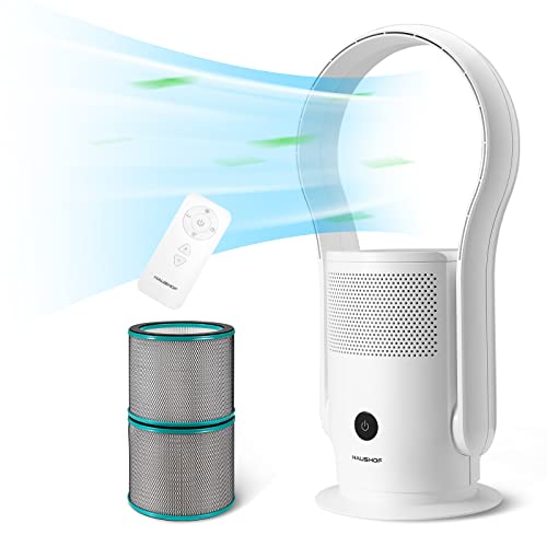 HAUSHOF Bladeless Tower Fan and Air Purifier in one, 90° Oscillating Air Conditioning Fan with Remote, 2*H13 HEPA Air Purifier, Touch Control, Floor Fan for Bedroom, Baby Room, Living Room, Office