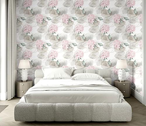 HAOKHOME 93164 Abstract Nordic Peel and Stick Wallpaper Geometric Hydrangea Floral White/Grey/Pink Stick on Home Decor 17.7in x 118in