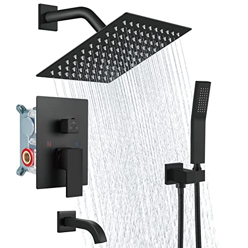 Aolemi Rainfall Shower System 8 Inch Matte Black Shower Head Combo Set with Tub Filler Handheld Shower Luxury Rough-in Valve Included Wall Mount Bathroom Shower Mixer Faucet