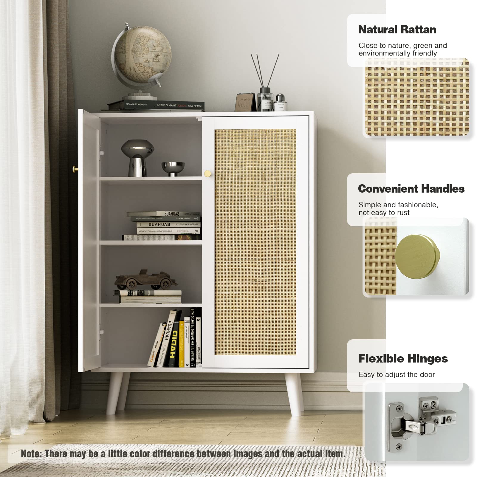 Anmytek Rattan Cabinet, 44" H Tall Sideboard Storage Cabinet with Crafted Rattan Front, Entryway Shoe Cabinet Wood 2 Door Accent Cabinet with Adjustable Shelves White, H0086