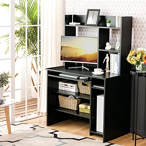 Tangkula Computer Desk with Hutch, Home Office Desk with Keyboard Tray & CPU Stand, Space Saving Study Writing Desk with Storage Bookshelves, Desk Workstation with Hutch for Bedroom, Black