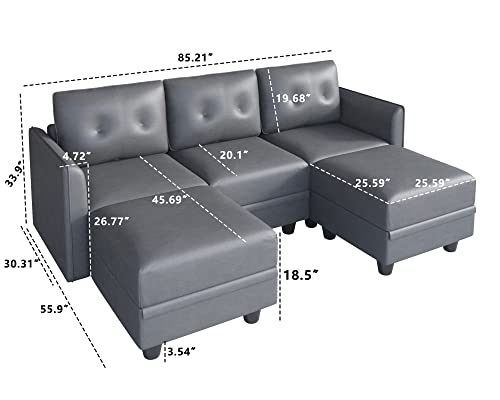 LLappuil Convertible Modular Sofa Faux Leather Fabric U Shaped Sectional with Reversible Chaise, 5 Seater Storage Sofa Sleeper Couch with Ottoman, Dark Grey