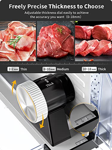 Meat Slicer for home, CWIIM Electric Deli Food Slicer & meat cutter with Removable Stainless Steel Blade+Pusher and 0-18mm Adjustable Thickness for Meat, Cheese, Bread, Fruit.