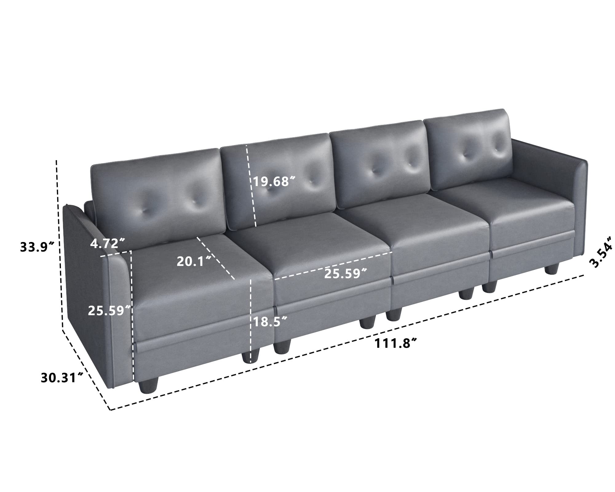 LLappuil Modular Sofa Faux Leather Fabric 102" Sectional Couch 4 Seater with Storage Seat, Modern Sectional Sofa for Living Room, Office, Dark Grey