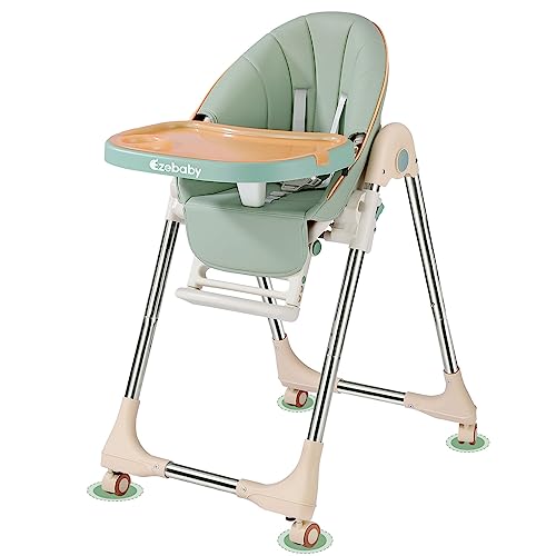 Ezebaby Baby High Chair, Portable High Chair with Adjustable Heigh and Recline, Foldable High Chair for Babies and Toddler with 4 Wheels, High Chair for Toddlers with Removable Tray-(Green)