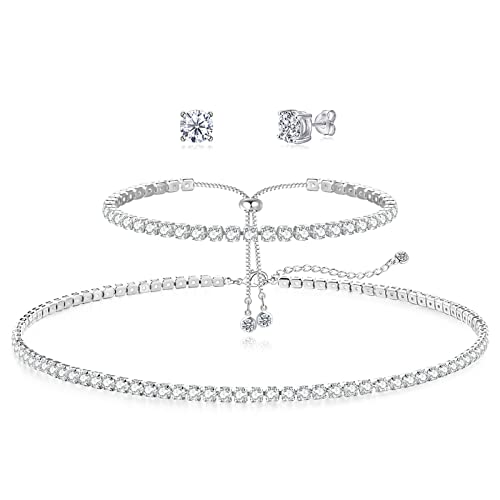 HAXIYA Tennis Necklace Set for Women Crystal Bracelet Diamond Earrings Wedding Jewelry for Bride Sterling Silver Jewelry Sets Pack of 3