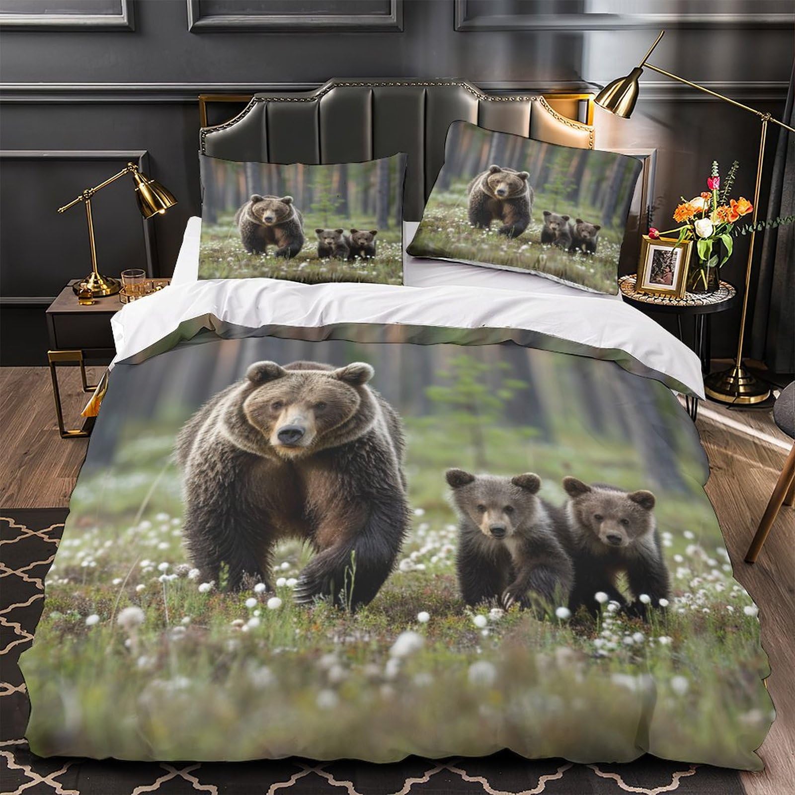 Brown Bear And Two Cubs Comforter Covers 3D Printed Walking in The Taiga Duvet Cover Quilt Cover for Boys Girls with Zipper Closure Soft Microfiber Bedding Set with Pillow Cases 3 Pieces Twin(173x218c