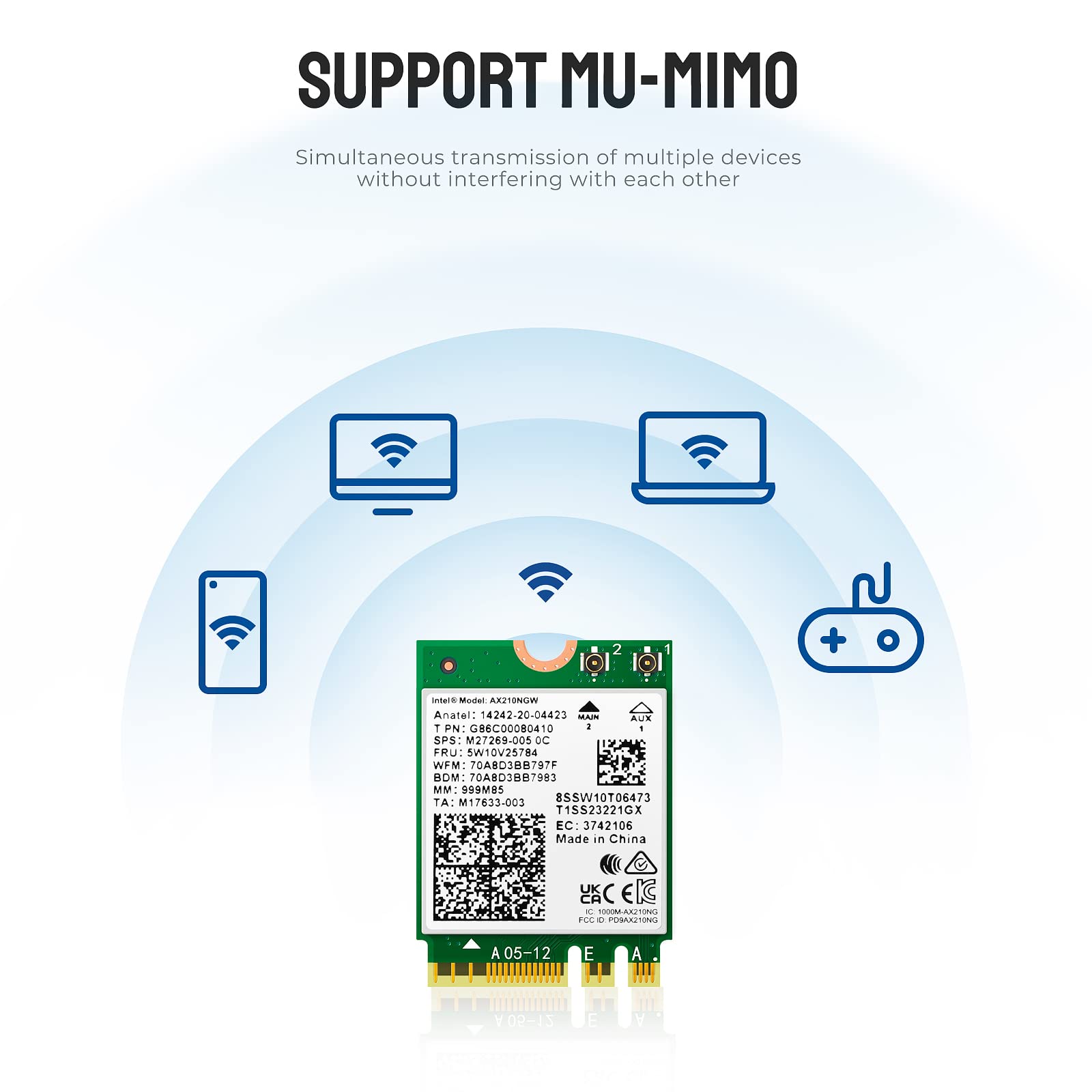 ALLONWAY AX210NGW WiFi Card, IntelWi-Fi 6E 802.11ac/ax WiFi 6e Module Expand to 6GHz MU-MIMO Tri-Band Internal Network Card with Bluetooth 5.2 for Laptop and PC, M.2/NGFF, Support Windows 10/11 64bit