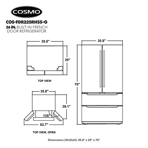Cosmo FDR225RHSS-G 36 in Double French Door Refrigerator | Energy Efficient Fridge with 2 Drawer Bottom Freezer & Built-In Automatic Ice Maker/Chest, 22.5 cu. ft. Storage Capacity - Stainless Steel