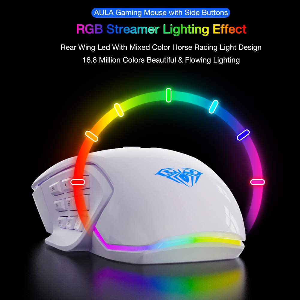 AULA H510 MMO Gaming Mouse with 9 Side Buttons, 10,000 DPI, RGB Backlit Ergonomic Office Games USB Wired Computer Mice, White