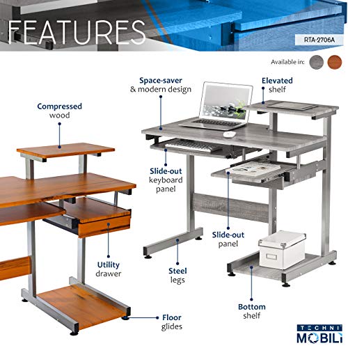Techni Mobili Complete Computer Workstation Desk, Gray, 37.75" W x 22" D x 35" H