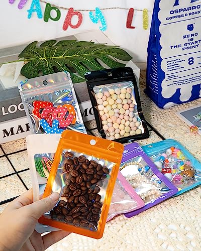 Holographic Bags Packaging Bags 300 PCS Blue Resealable Bags with Clear Window for Food Storage Small Business (Outer Size 3.54x5.31 Inch/Inner Size 3x4 Inch)