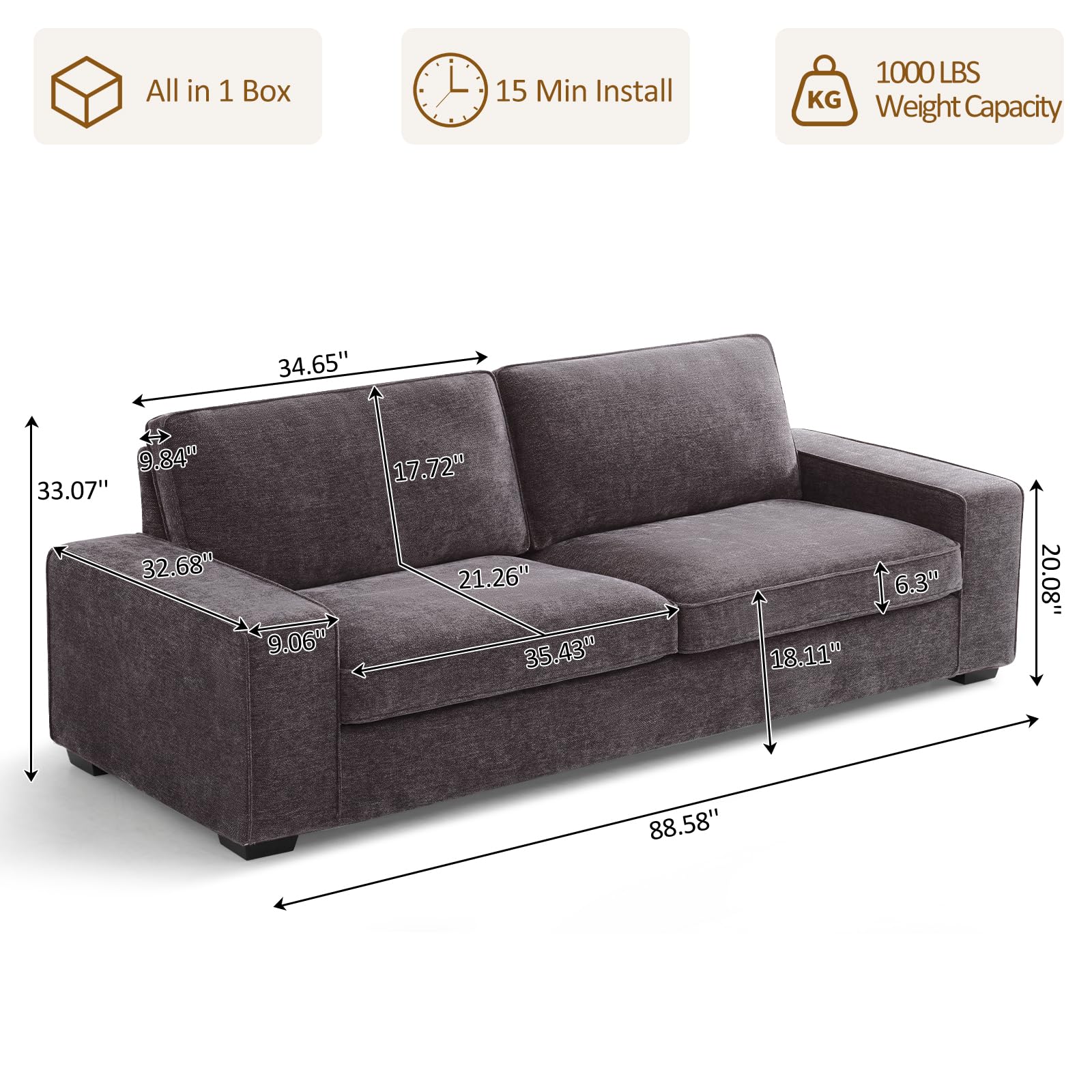 EASELAND 88" Chenille Loveseat Sofa for Living Room, Modern Deep Seat Sofa Couch with Removable Back and Seat Cushions, Comfy Sofa with Wood Legs and Armrest(Dark Grey)