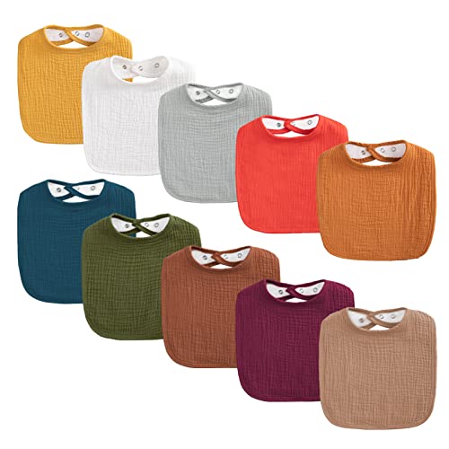 HBselect Muslin Baby Bibs 10 Pack,Unisex Baby Bibs with Bandana Drool Bibs Cotton, 10 Solid Colors Set for Feeding, Teething, Drooling